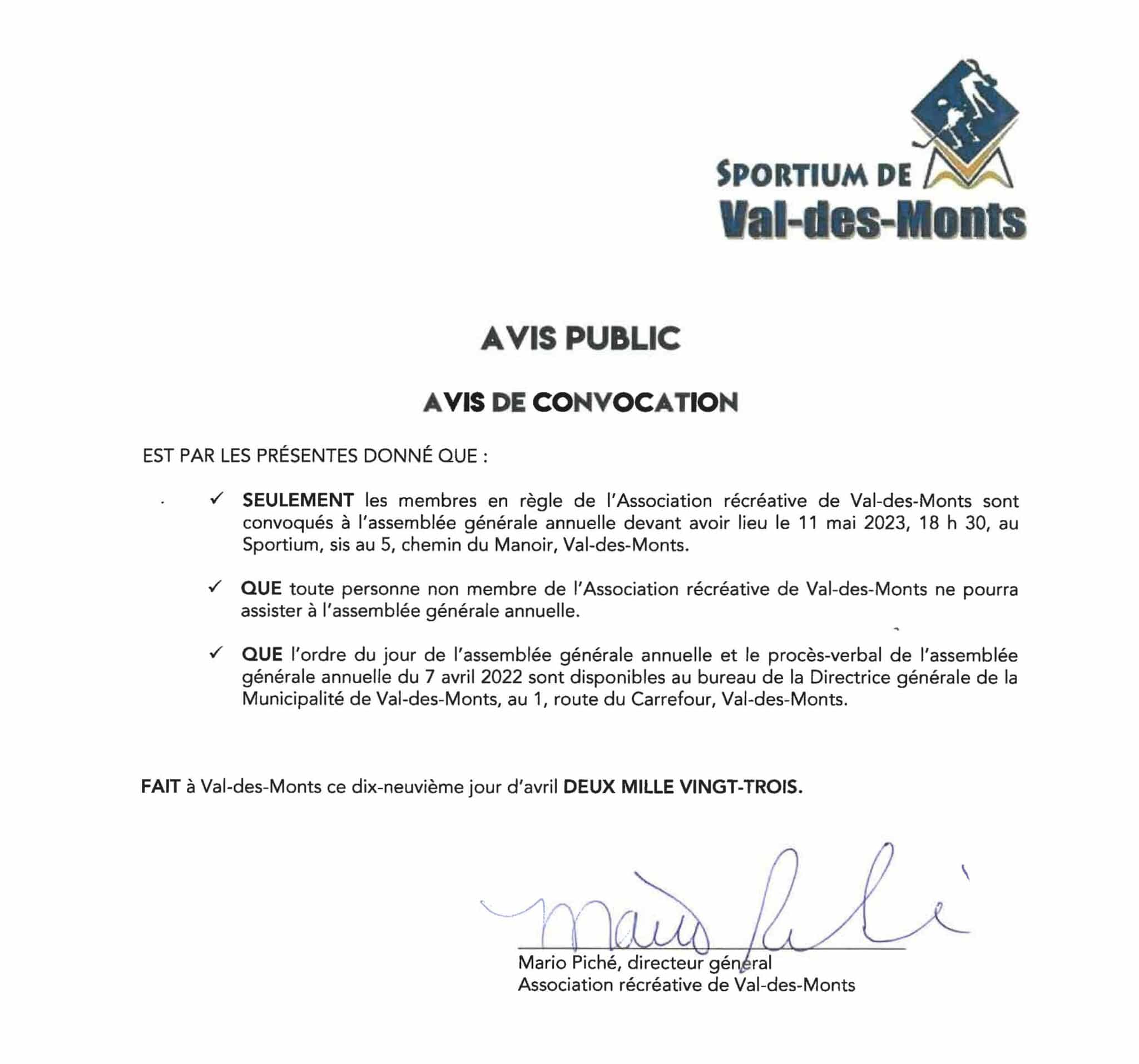 AVIS DE CONVOCATION - ASSEMBLÉE GÉNÉRALE ANNUELLE DE L'ASSOCIATION RÉCRÉATIVE DE VAL-DES-MONTS ...